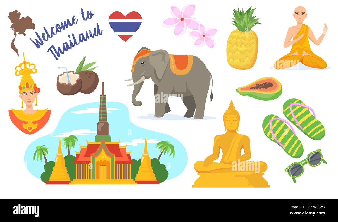 Set of Thailand symbols cartoon vector illustration Stock Vector Image ...