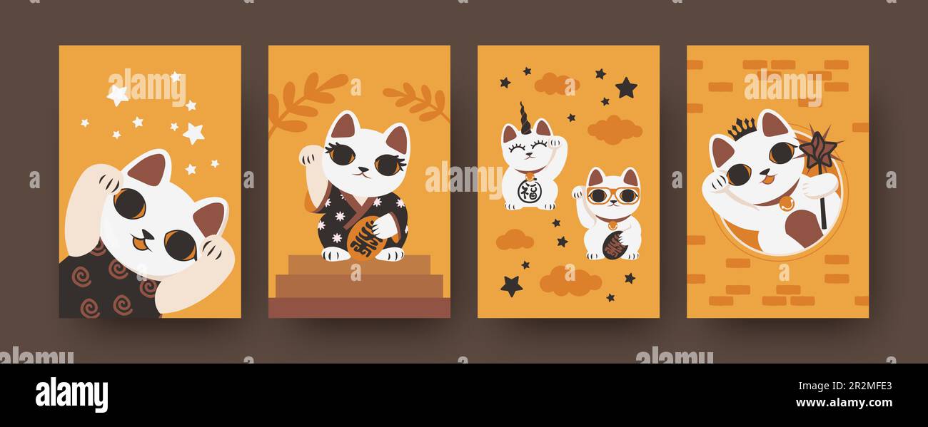Set of Japanese cats illustrations in modern style Stock Vector Image ...