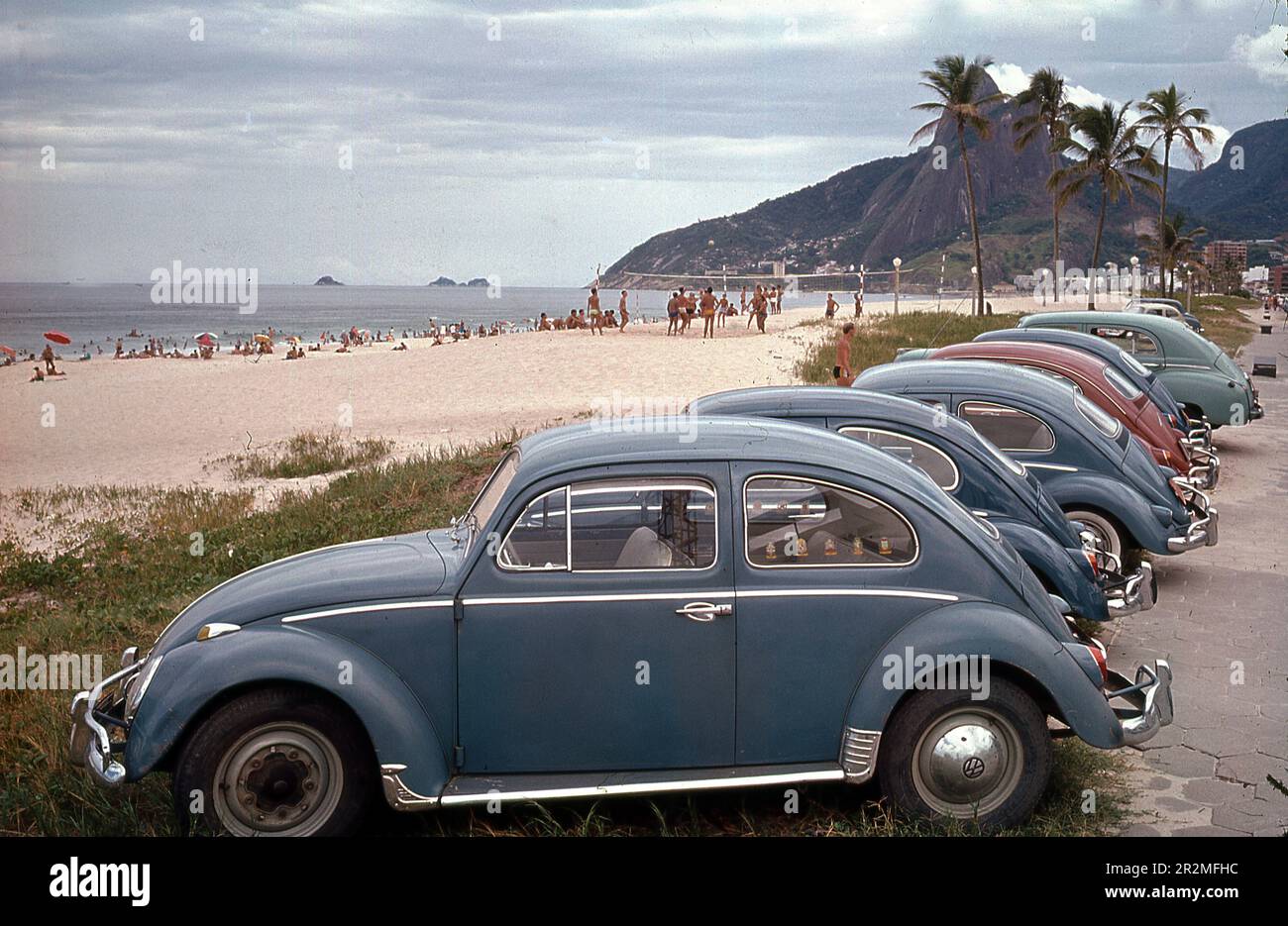 Rio de Janeiro seaside with Volkswagen beetle in close-up, Brazil ...