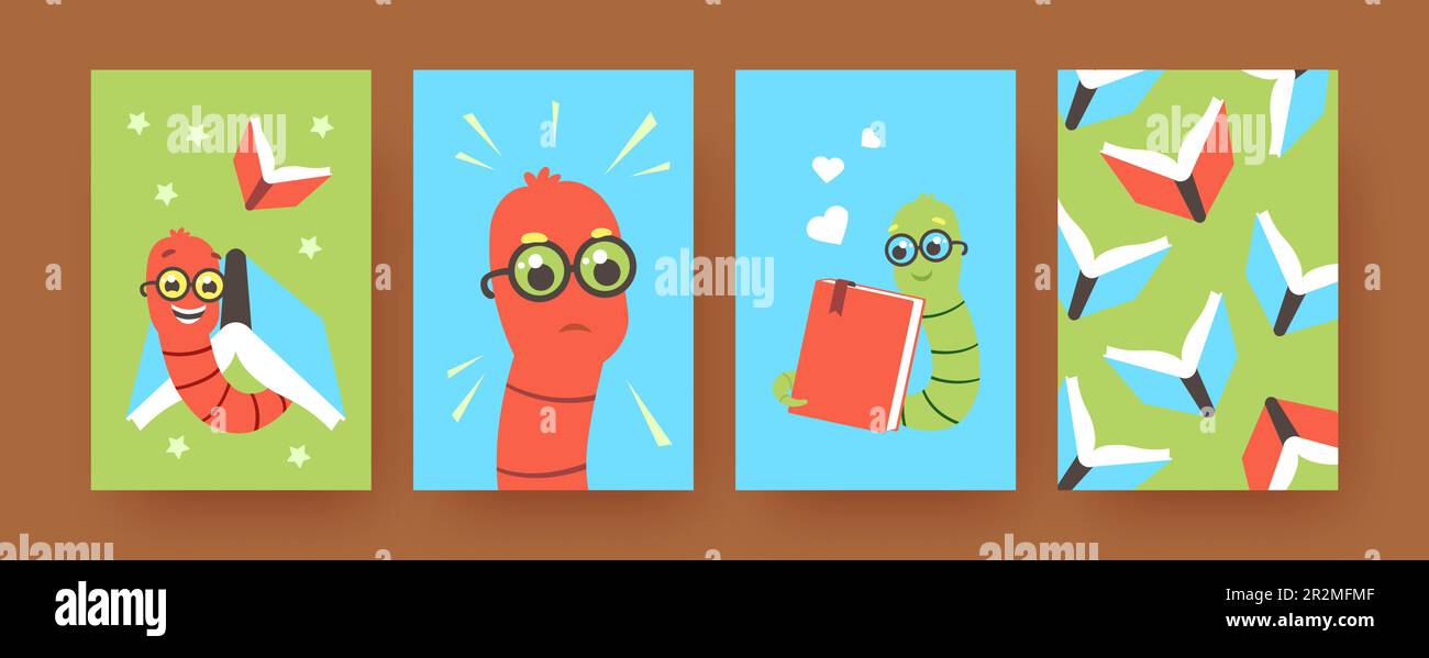 Set of contemporary art posters with cute worms loving books Stock ...