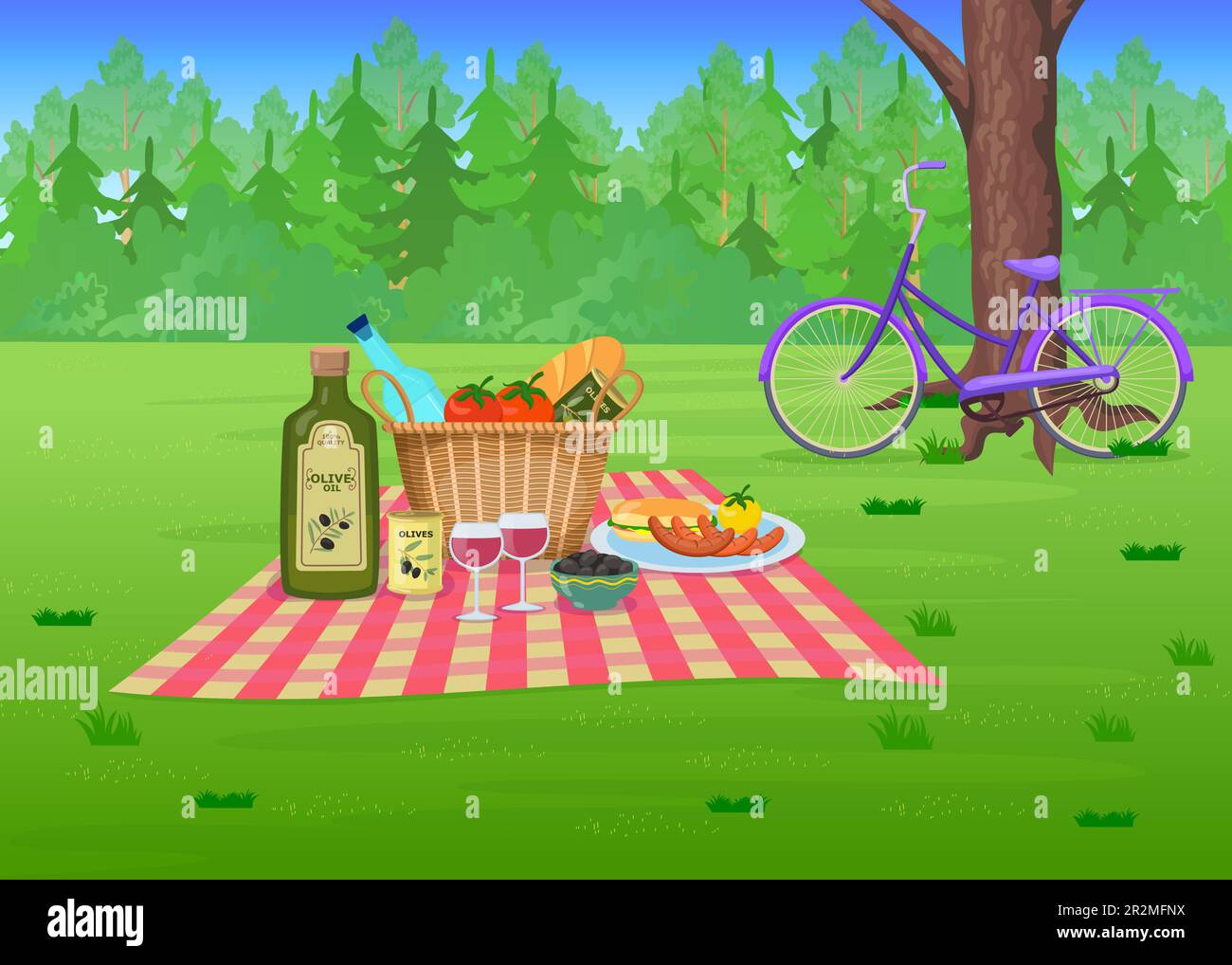 Picnic food on grass in forest cartoon illustration Stock Vector Image ...