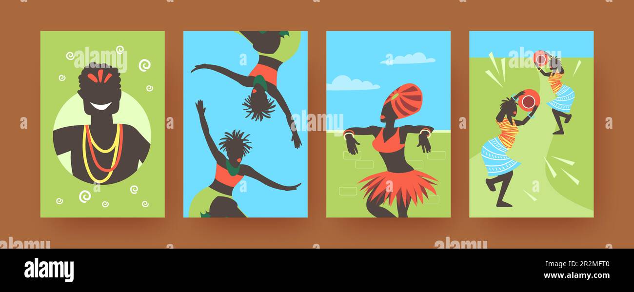 Set of contemporary art posters with African dancing people Stock ...