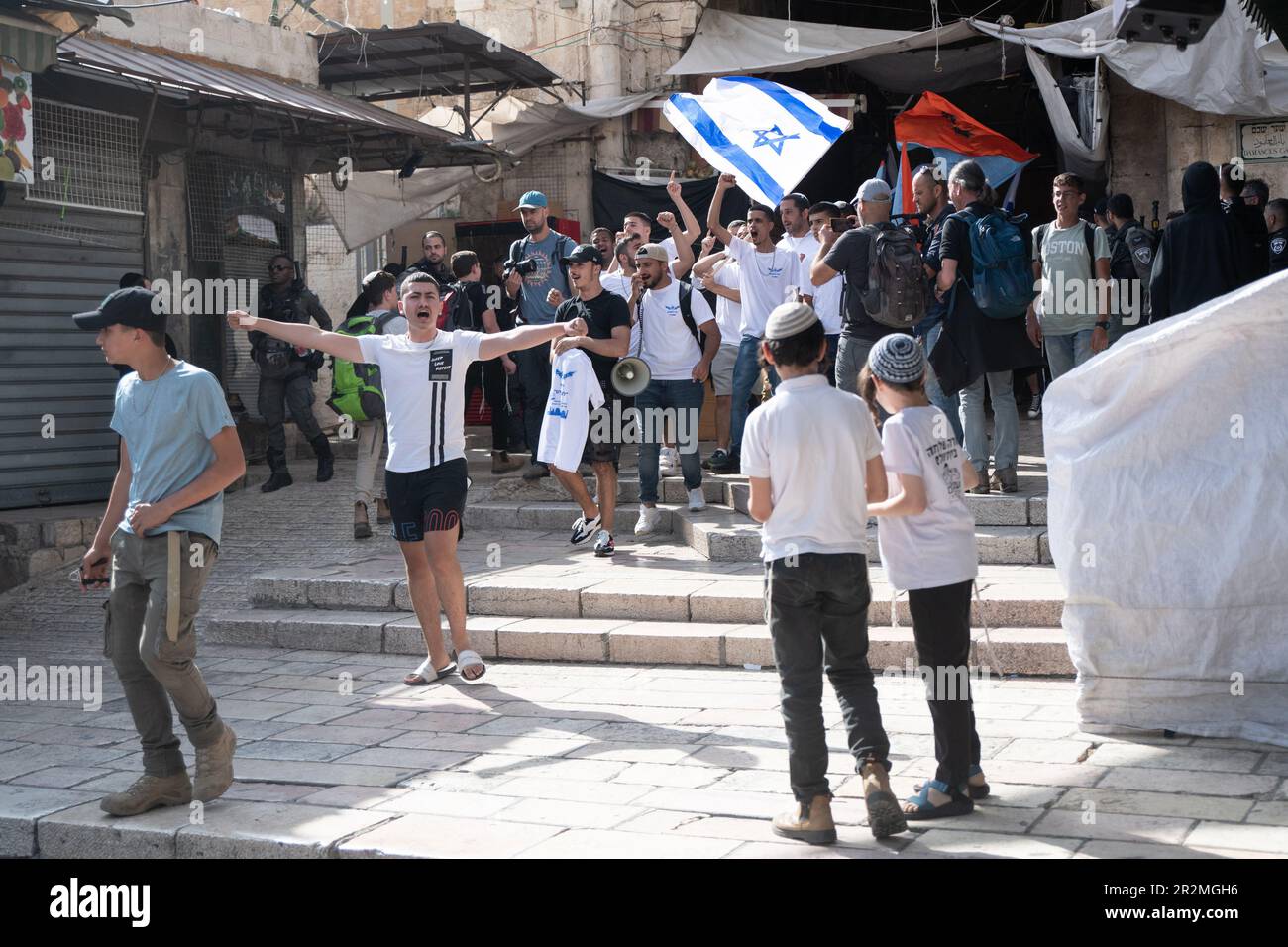 Israel. 18th May, 2023. Israeli religious youth wave the Israeli flag ...