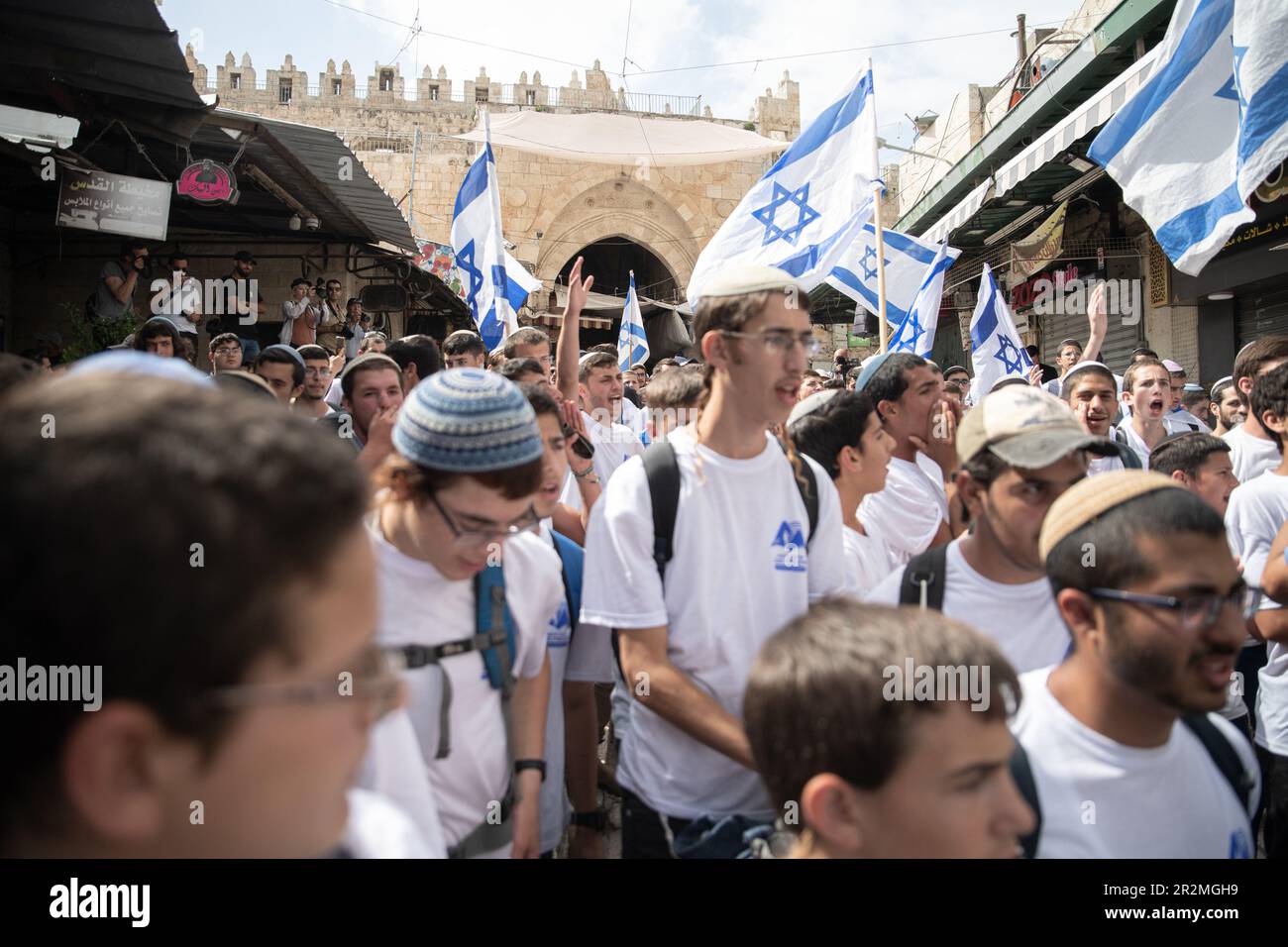 Israel. 18th May, 2023. Israeli religious youth wave the Israeli flag ...