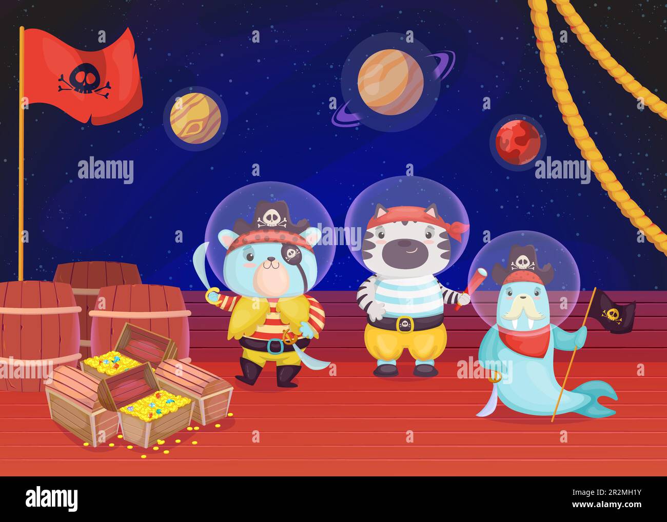 Cartoon pirates animals on deck of ship flat vector illustration Stock ...