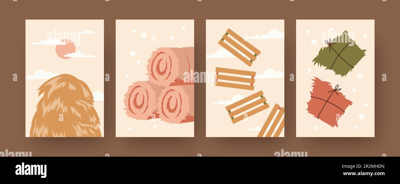 Set of contemporary art posters with bales of hay and straw Stock ...