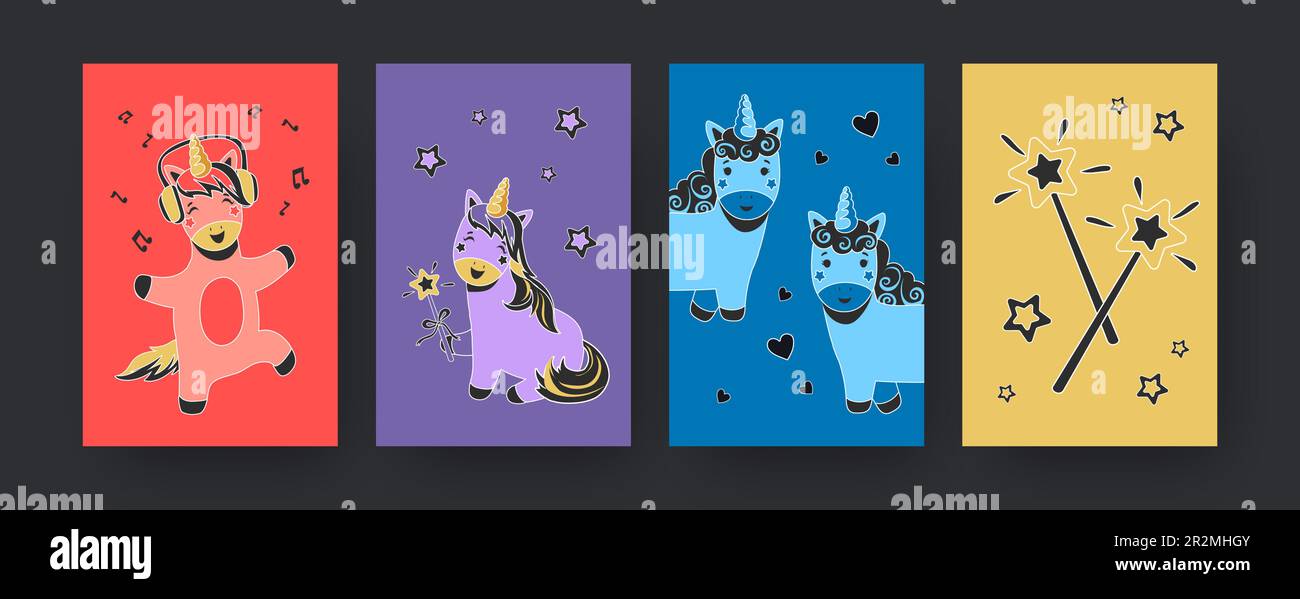 Set of contemporary art posters with cute cartoon unicorns Stock Vector ...