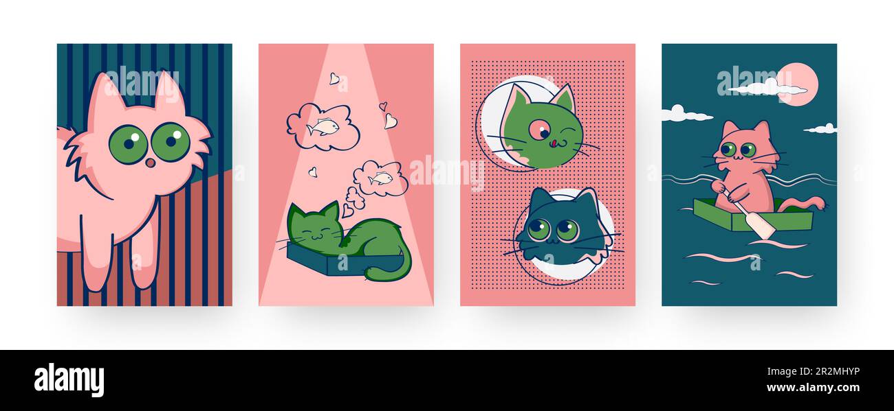Set of contemporary art posters with colorful funny cats Stock Vector ...