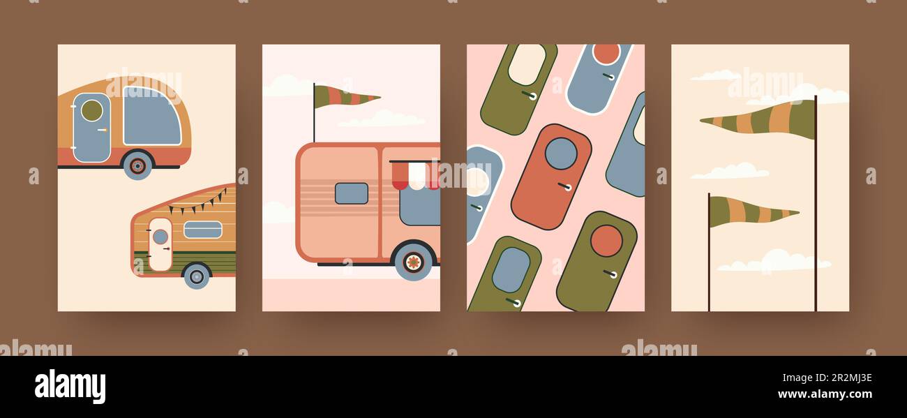 Collection of contemporary art posters with camping caravans Stock ...
