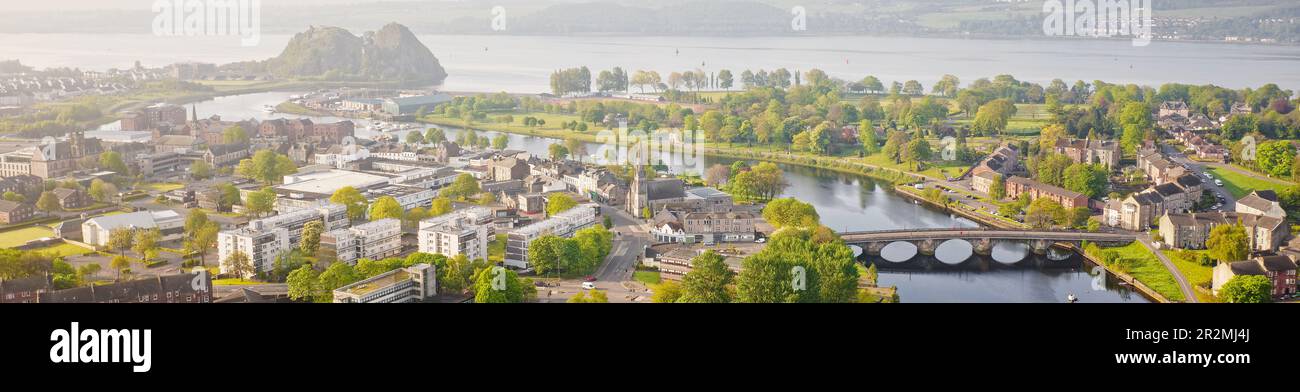 Dumbarton town aerial view with the River Leven and Dumbarton rock ...