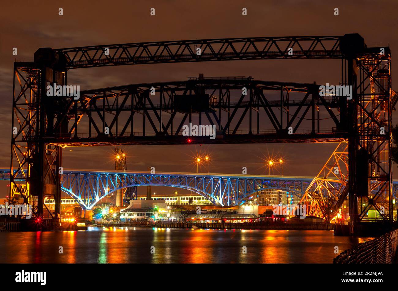 Illuminated bridges over the Cuyahoga River at Cleveland, Ohio ...