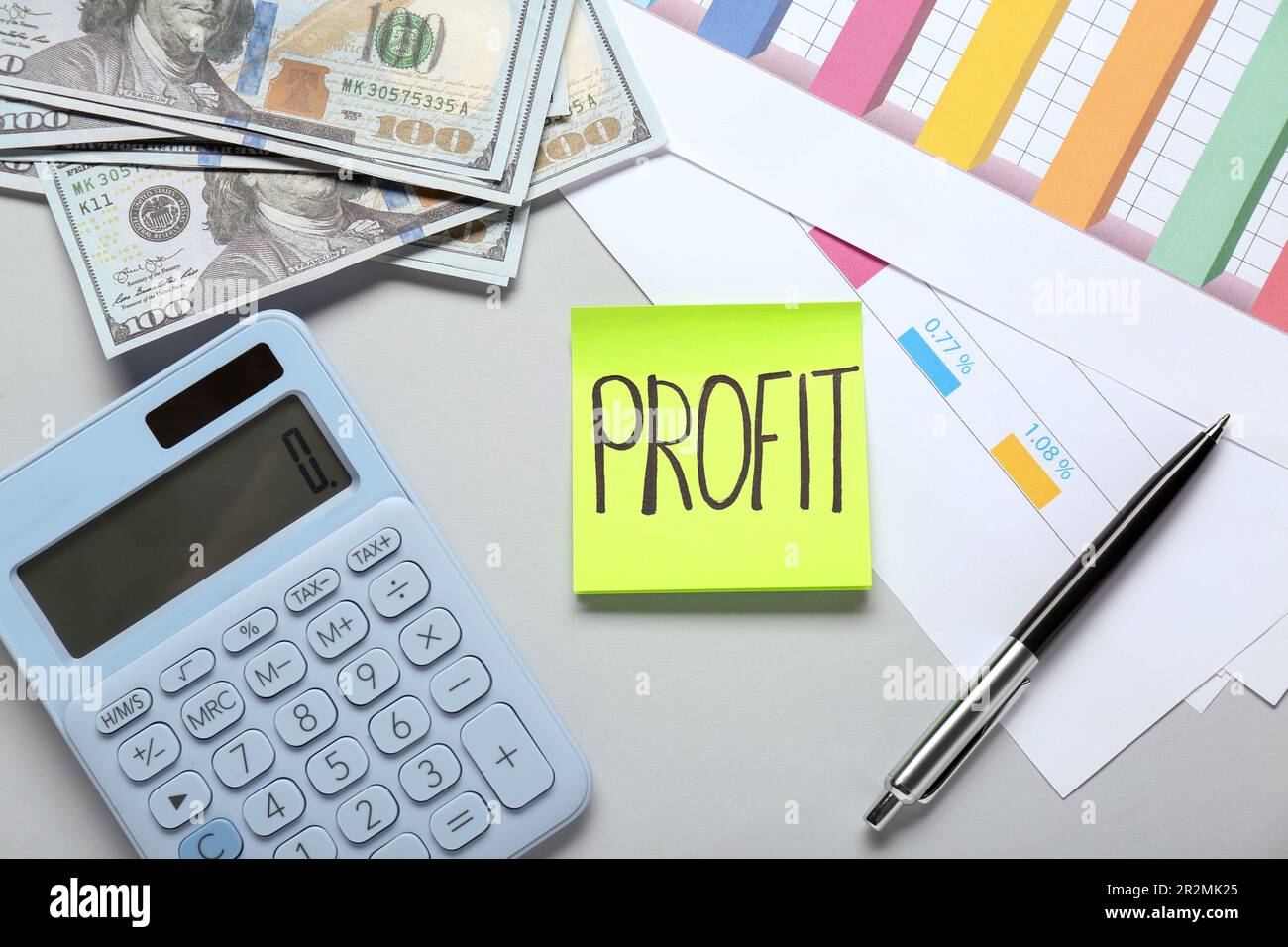 Sticky note with word Profit, calculator, banknotes and diagram on ...