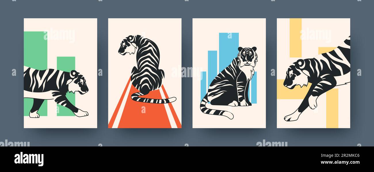 Set of contemporary art posters with wild tiger Stock Vector Image ...