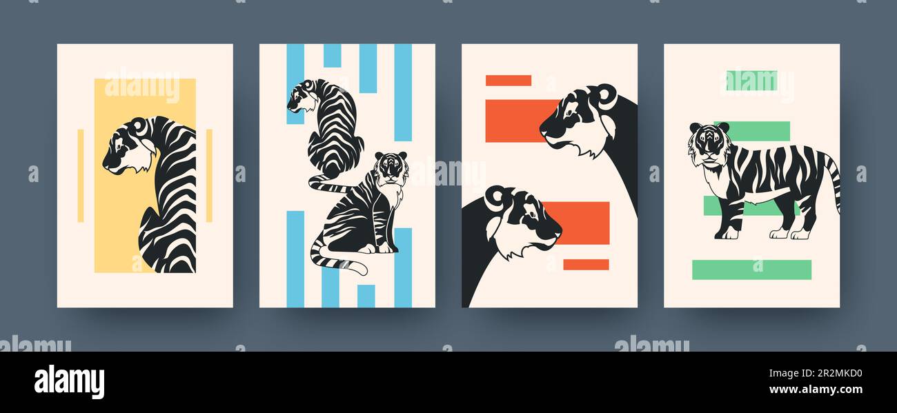 Set of contemporary art posters with tiger drawings Stock Vector Image ...