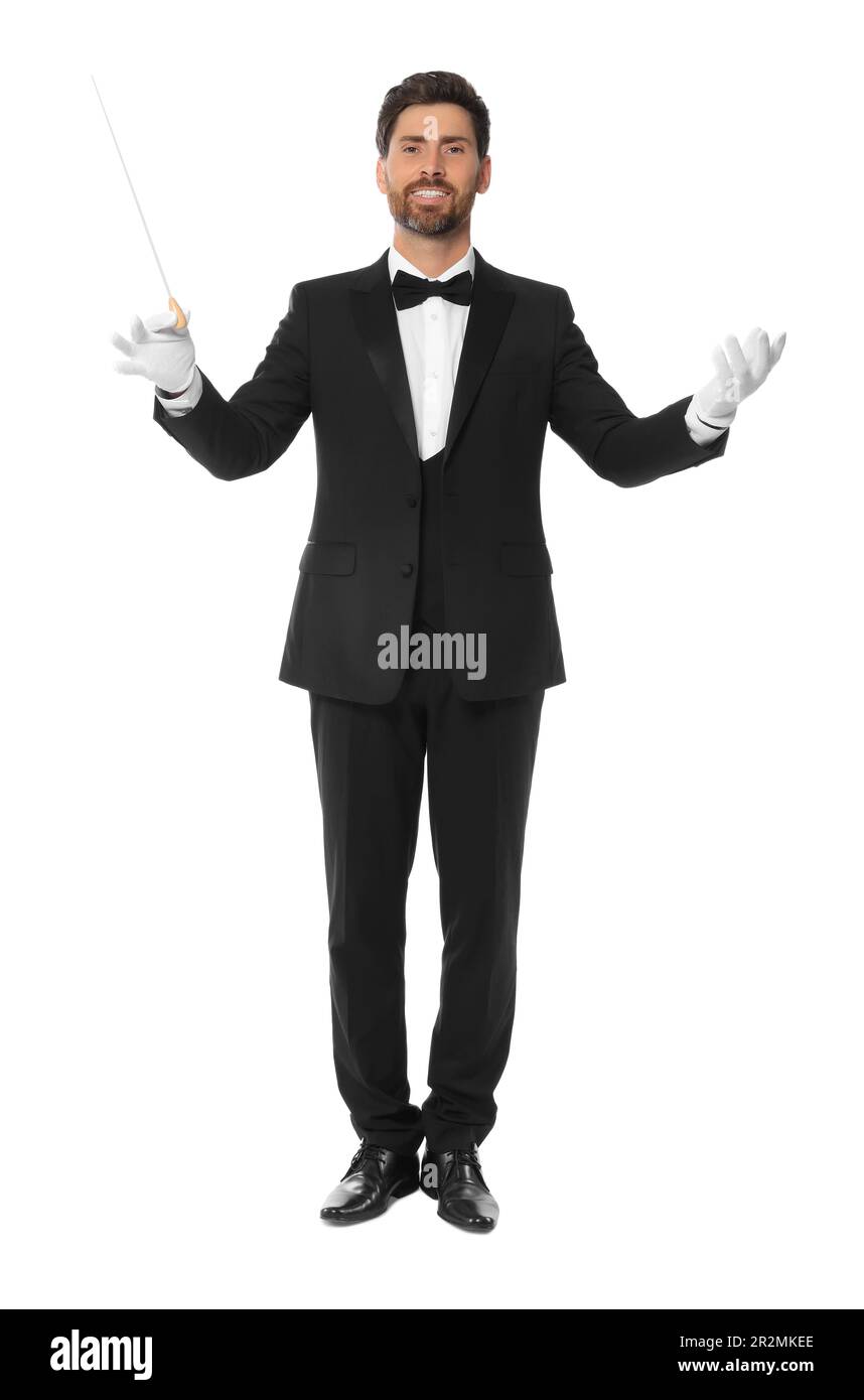 Happy professional conductor with baton on white background Stock Photo ...