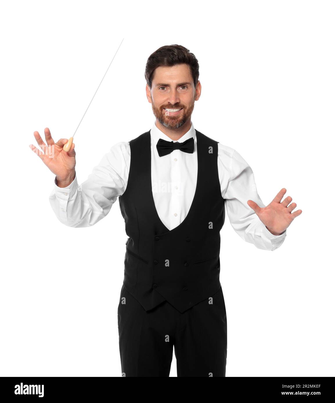 Happy professional conductor with baton on white background Stock Photo ...