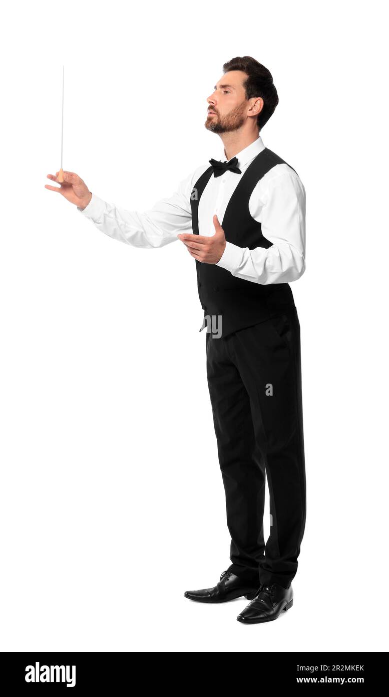 Professional conductor with baton on white background Stock Photo - Alamy