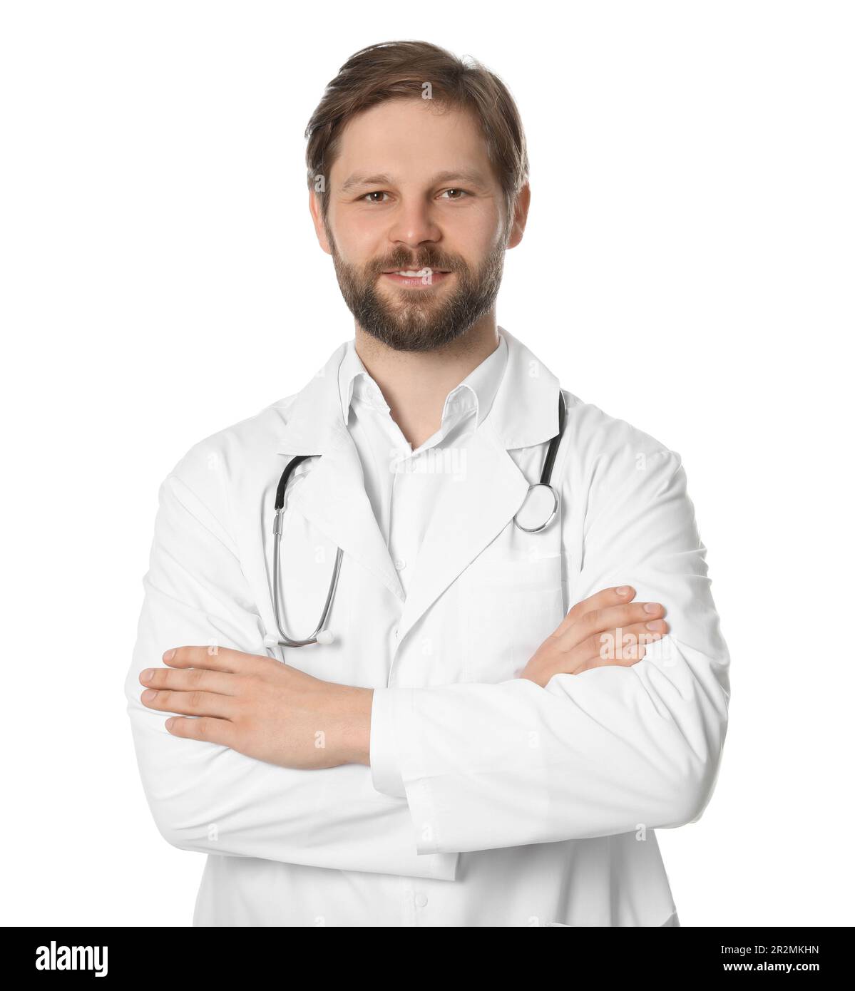 Doctor or medical assistant (male nurse) in uniform with stethoscope on ...