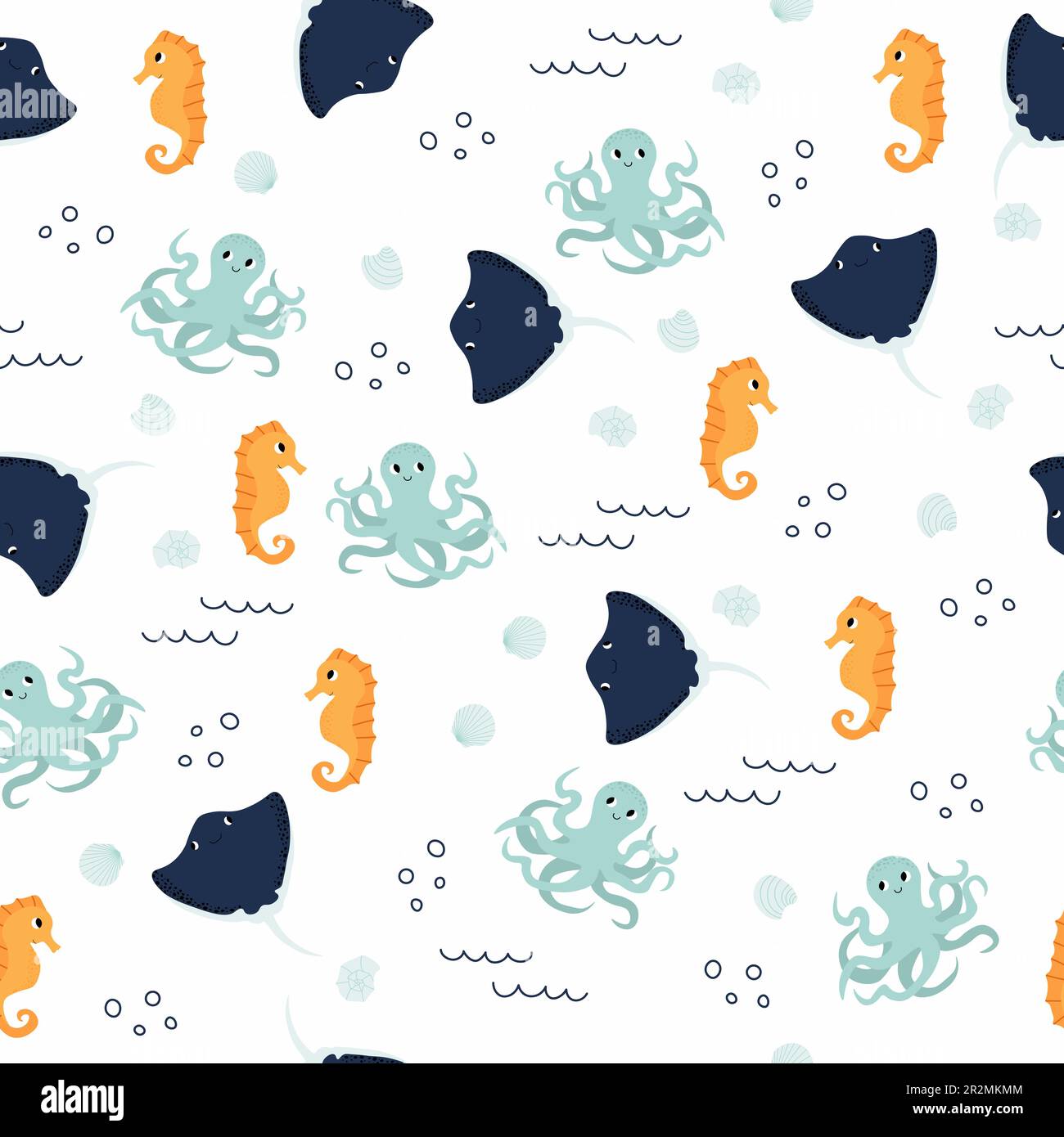 Vector seamless pattern with seahorse, octopus, devilfish.Underwater ...