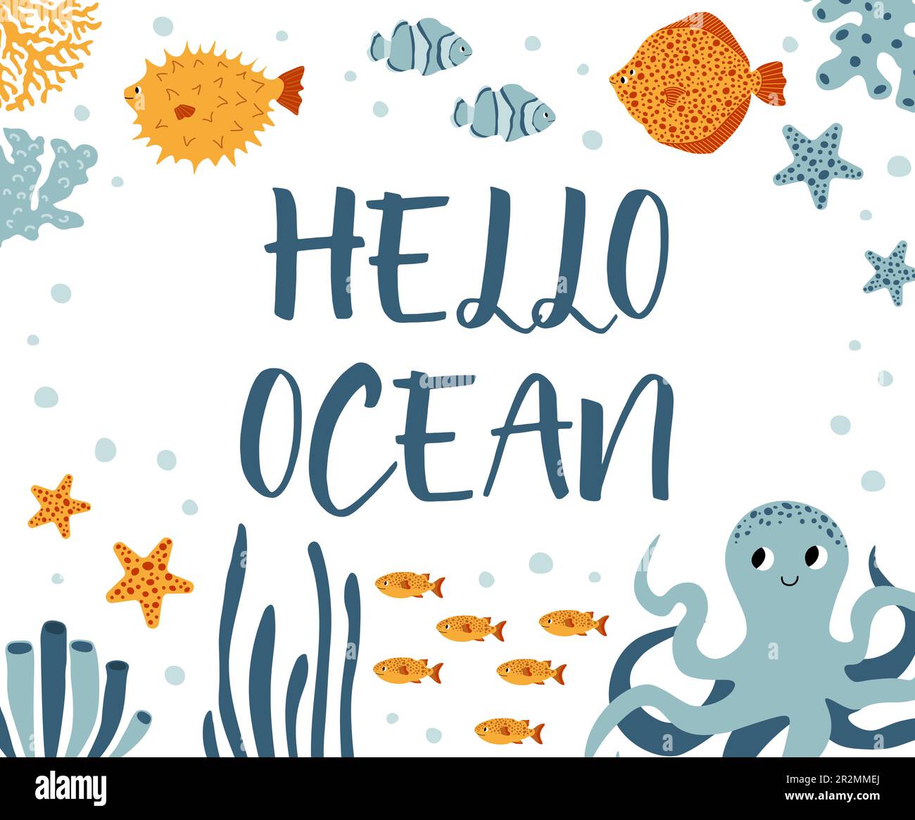Vector ocean illustration with octopus,flounder,clown fish,starfish ...