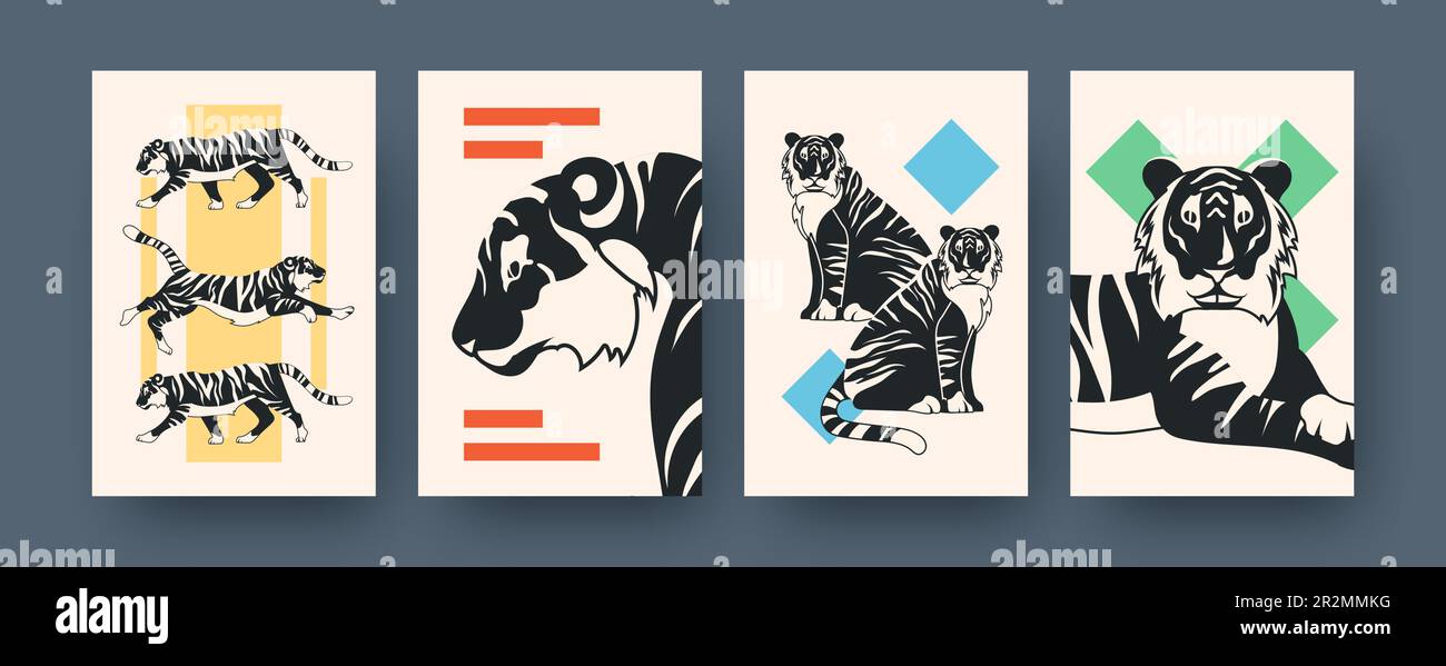 Set of contemporary art posters with elegant tiger Stock Vector Image ...