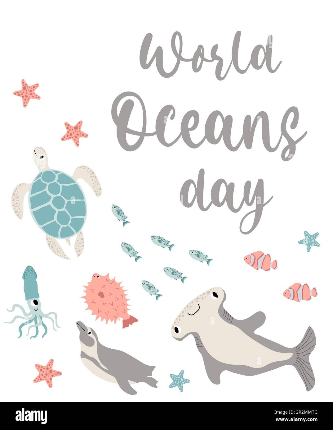 Vector ocean illustration with hammerhead fish,turtle,penguin,squid ...