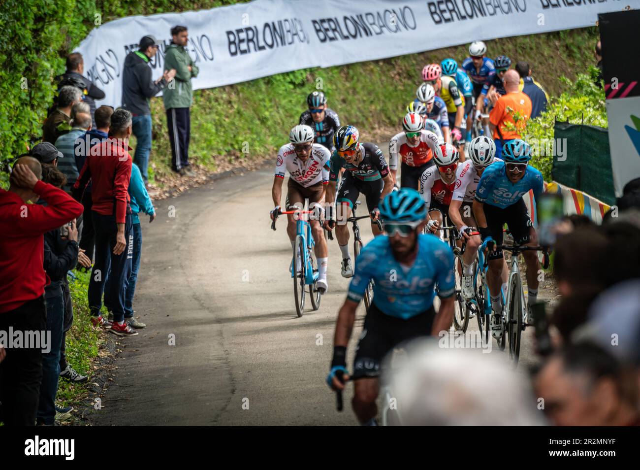 Italy, May 13, 2023: professional cyclists face the eighth stage of the ...