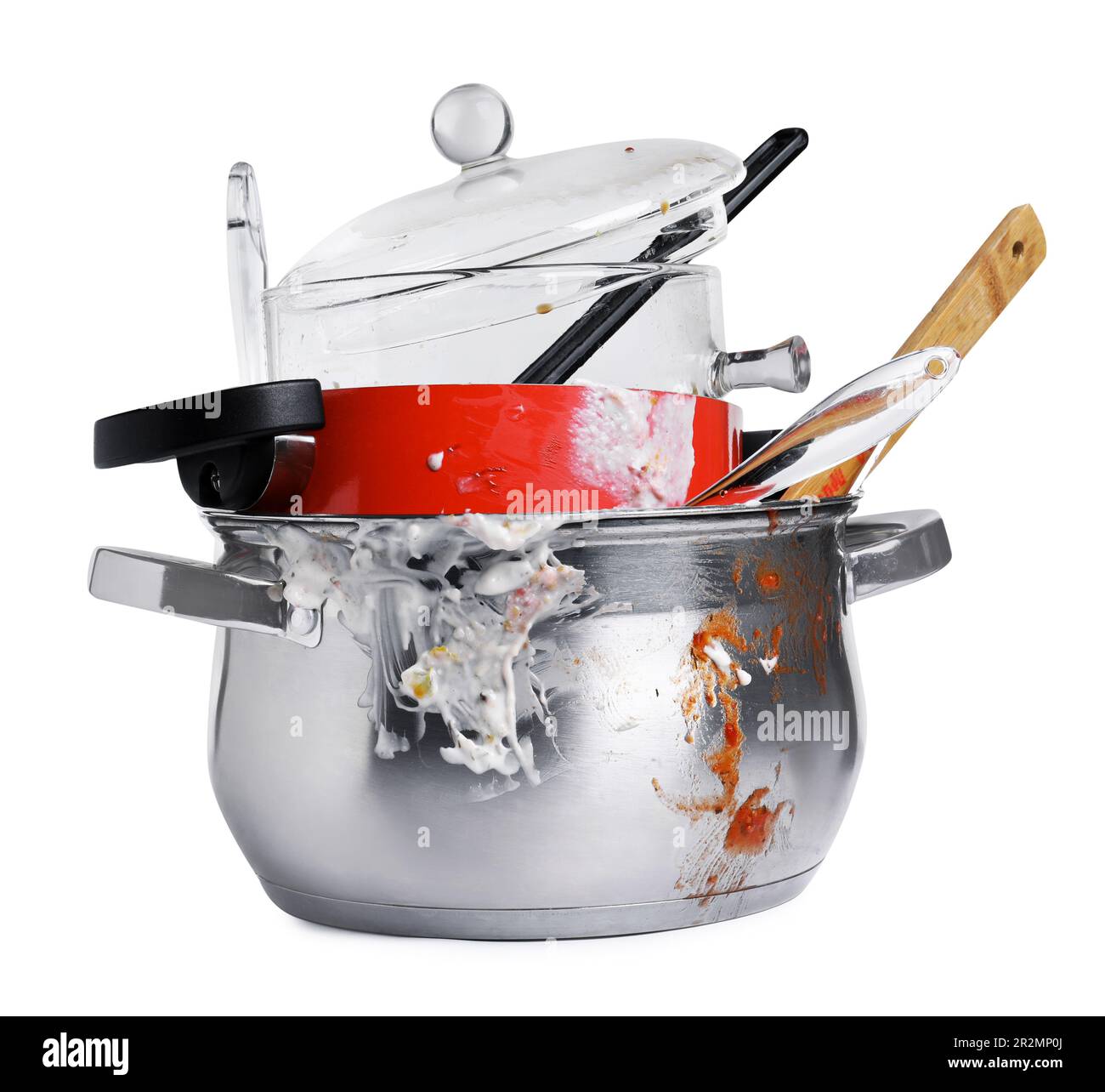 Stack of dirty kitchenware on white background Stock Photo - Alamy