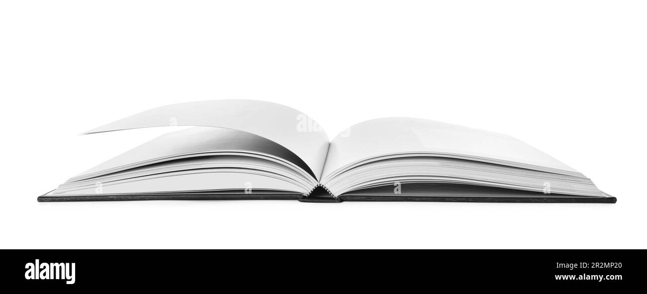 Open book with hard cover on white background Stock Photo - Alamy