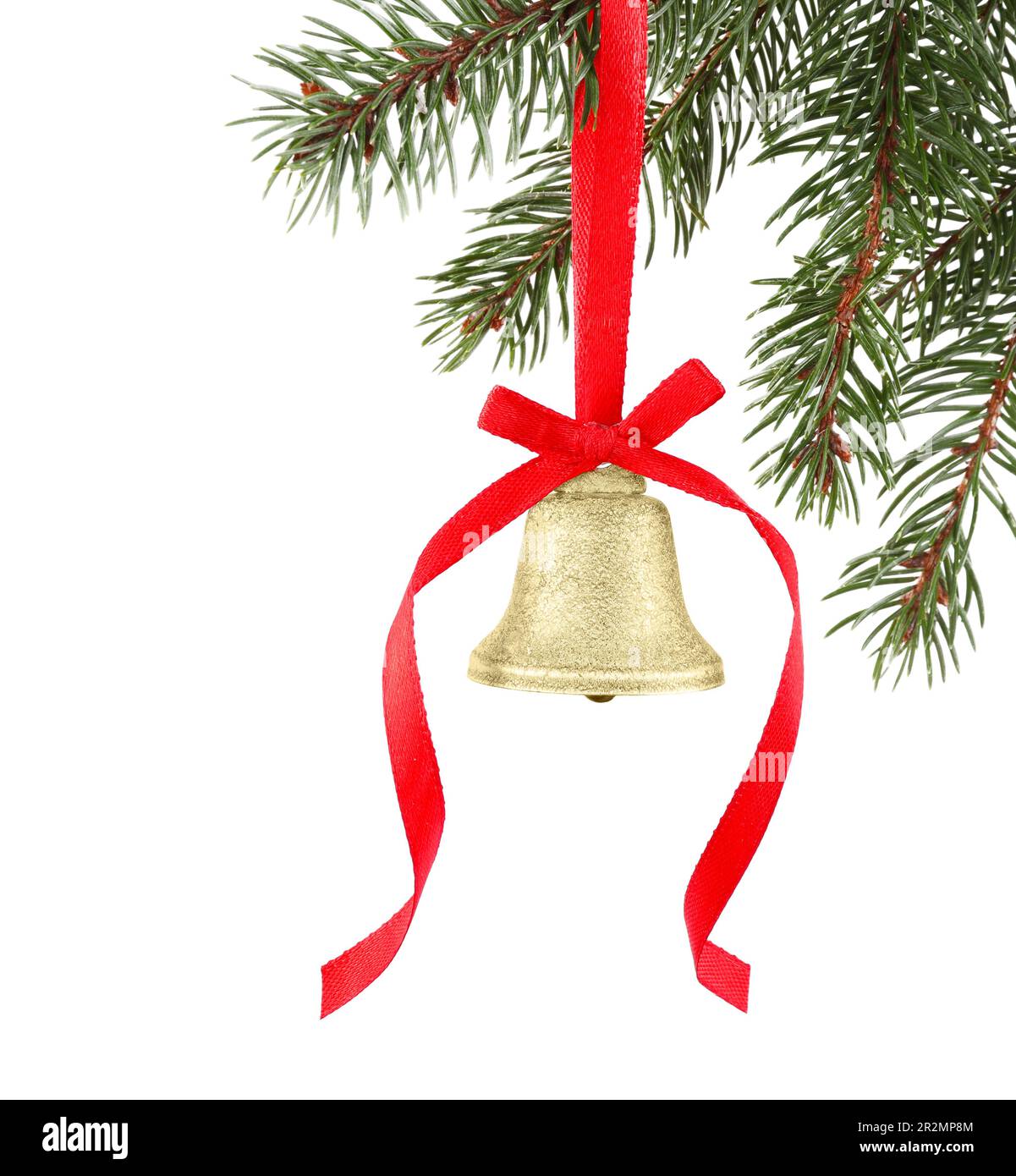 Christmas bell with red bow hanging on fir tree branch against white ...