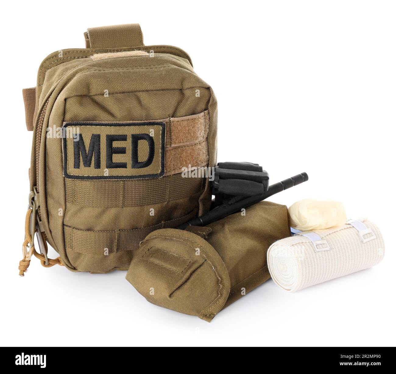 Military first aid kit with items isolated on white Stock Photo - Alamy