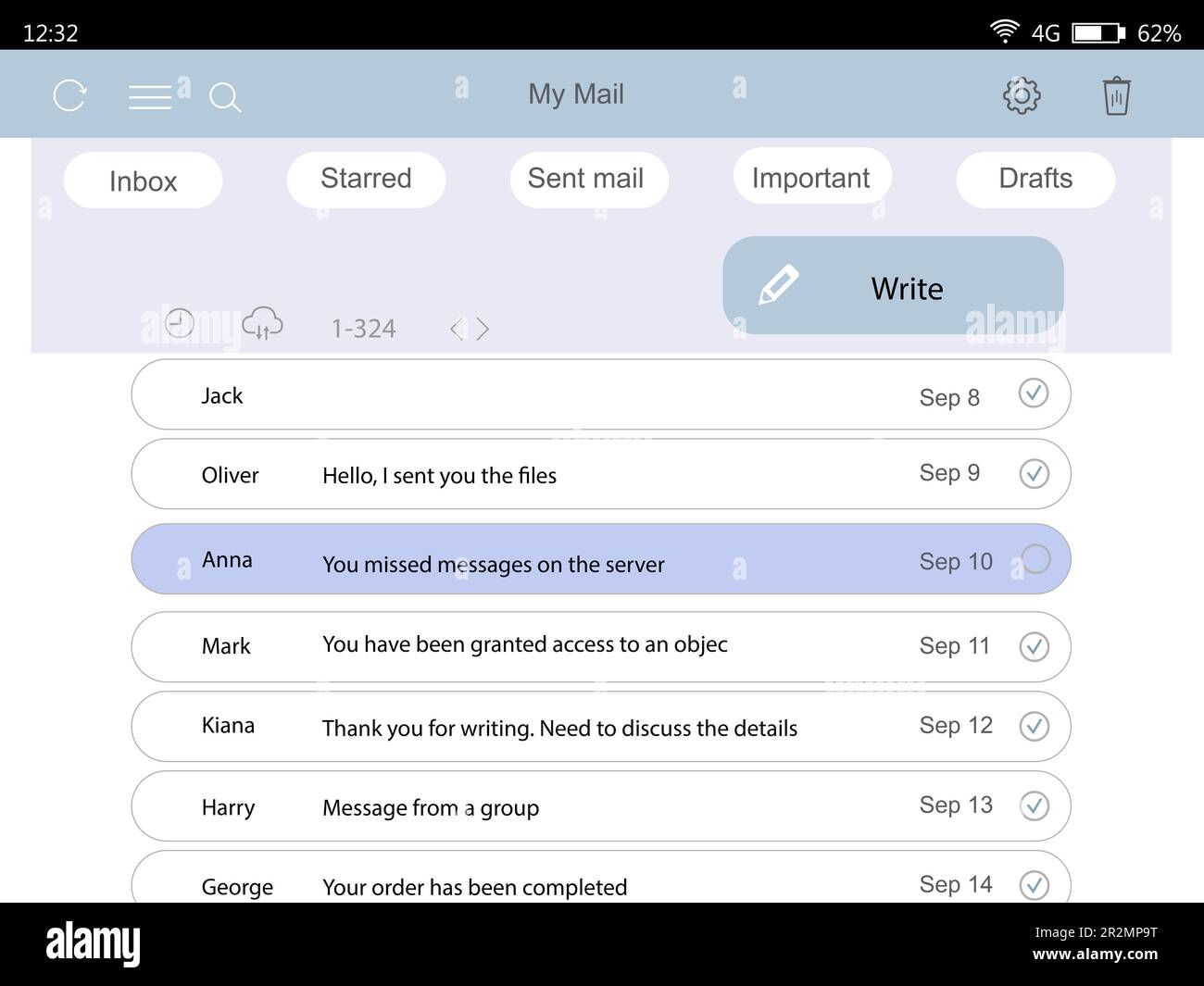 Interface of mailbox, illustration. User's account with emails Stock Photo - Alamy