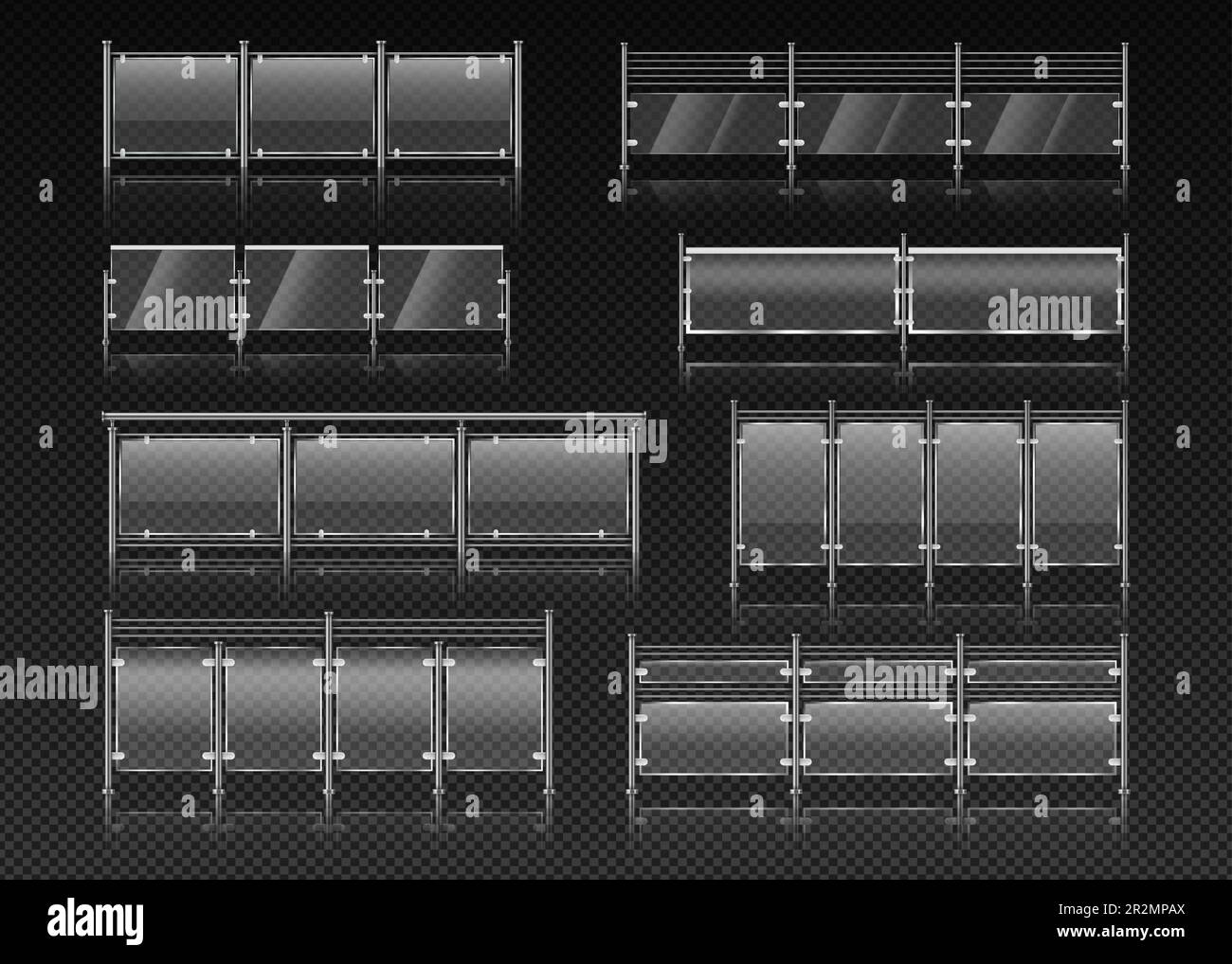 Glass balcony rail. Terrace fence. Plexiglass banister. Handrail metal ...