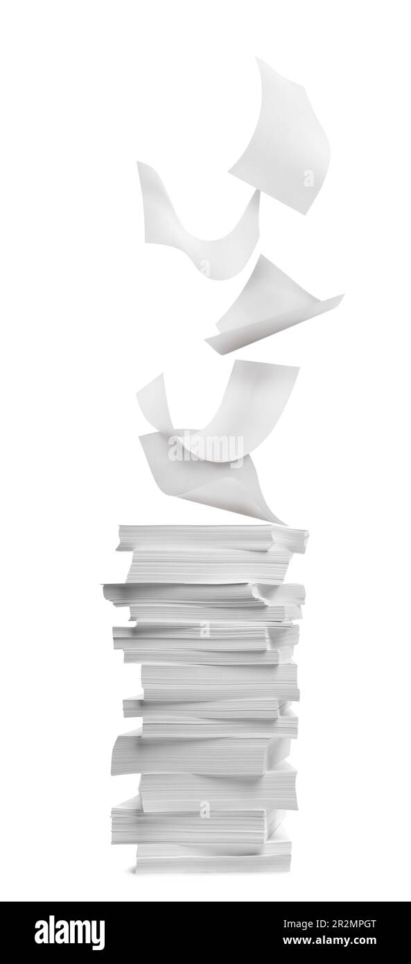 Sheets of paper falling onto stacked ones on white background Stock ...