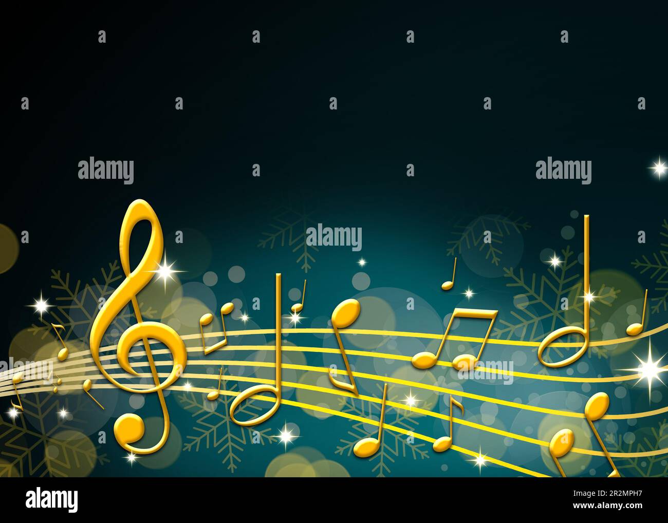 Christmas melody. Music notes and snowflakes on dark background, space ...