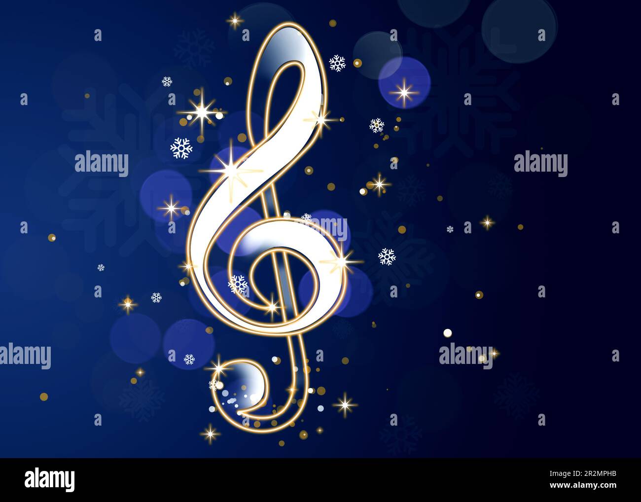 Christmas music. Treble clef and snowflakes on blue background ...