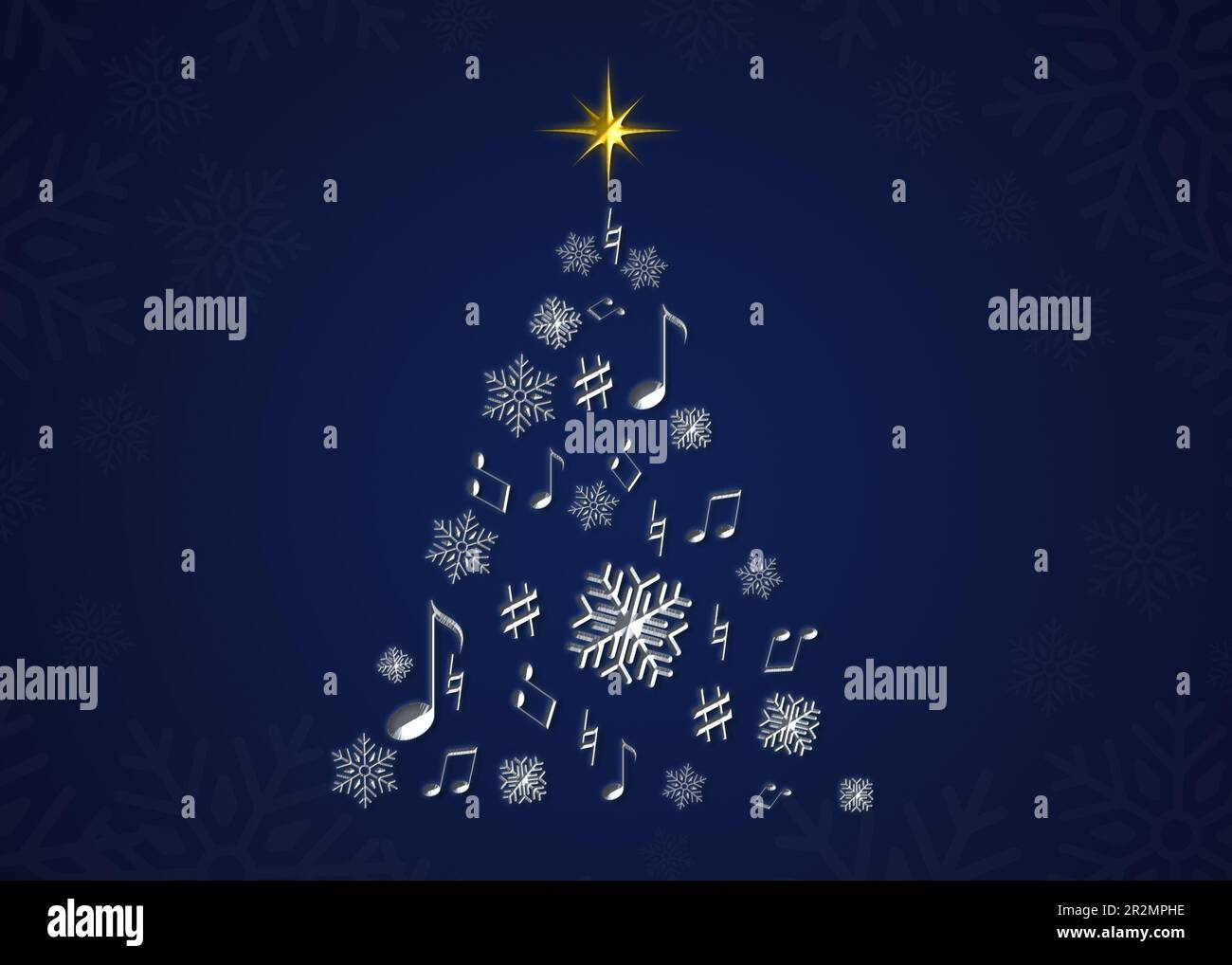 Christmas tree shape made of music notes and snowflakes on blue ...