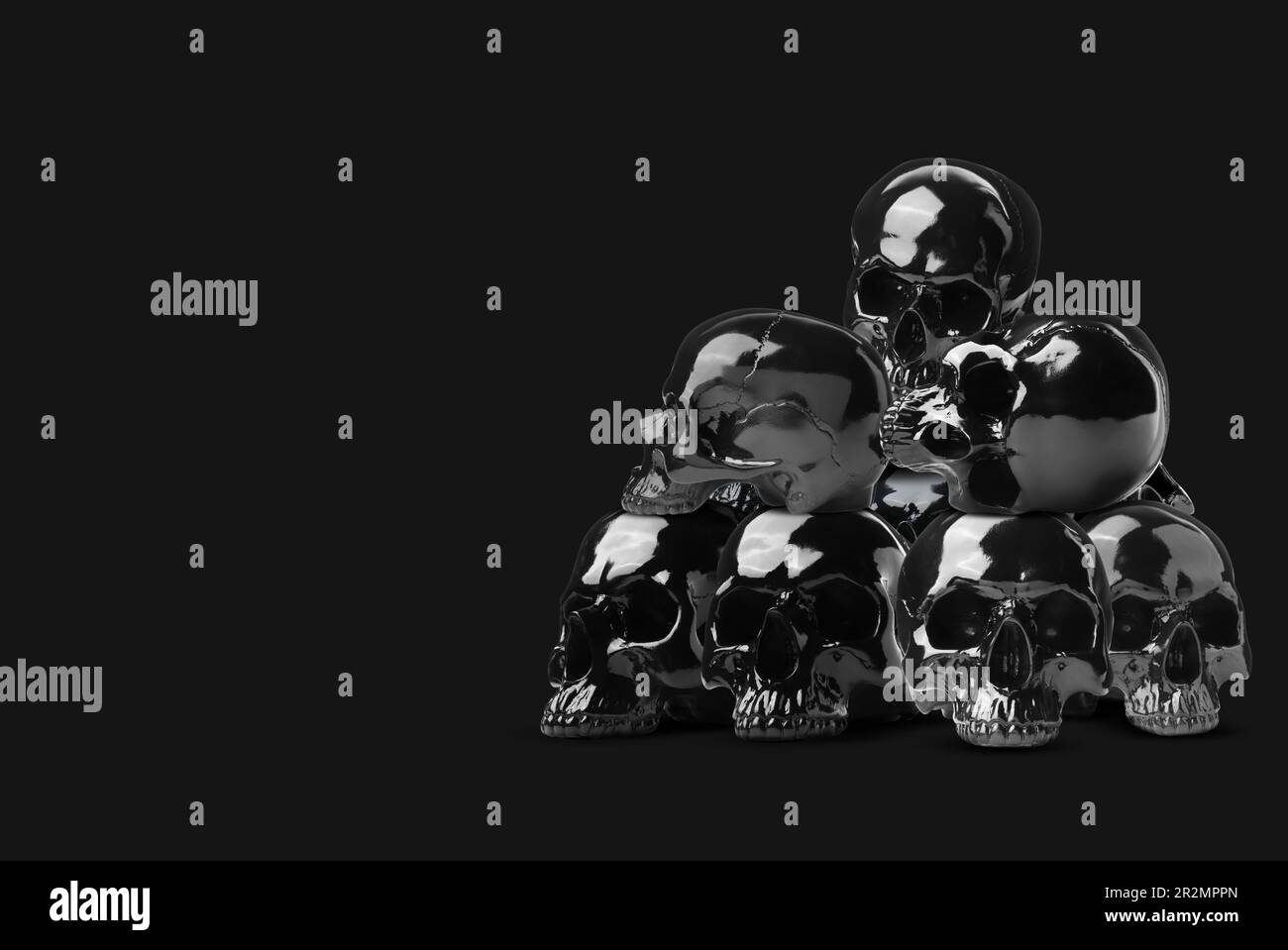 Pile of shiny human skulls on black background, space for text Stock ...