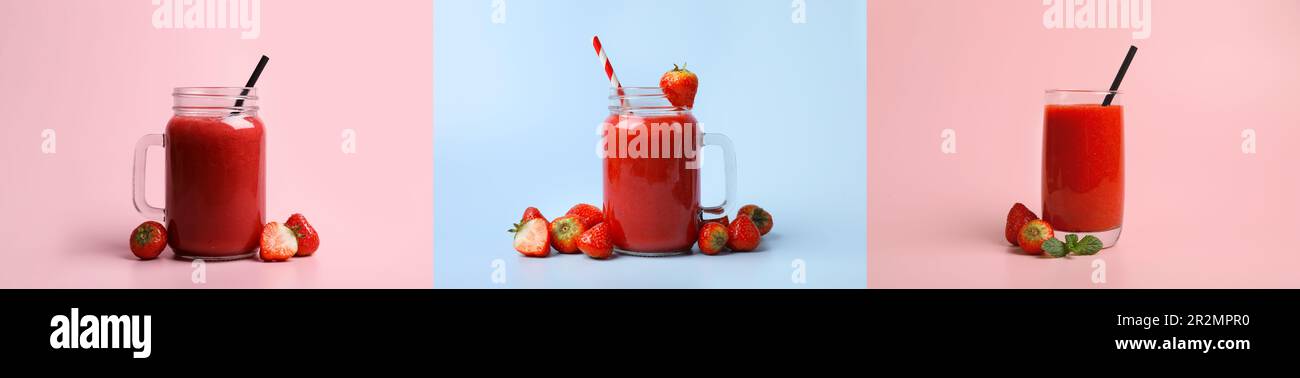 Collage with strawberry smoothie on pink and light blue backgrounds ...