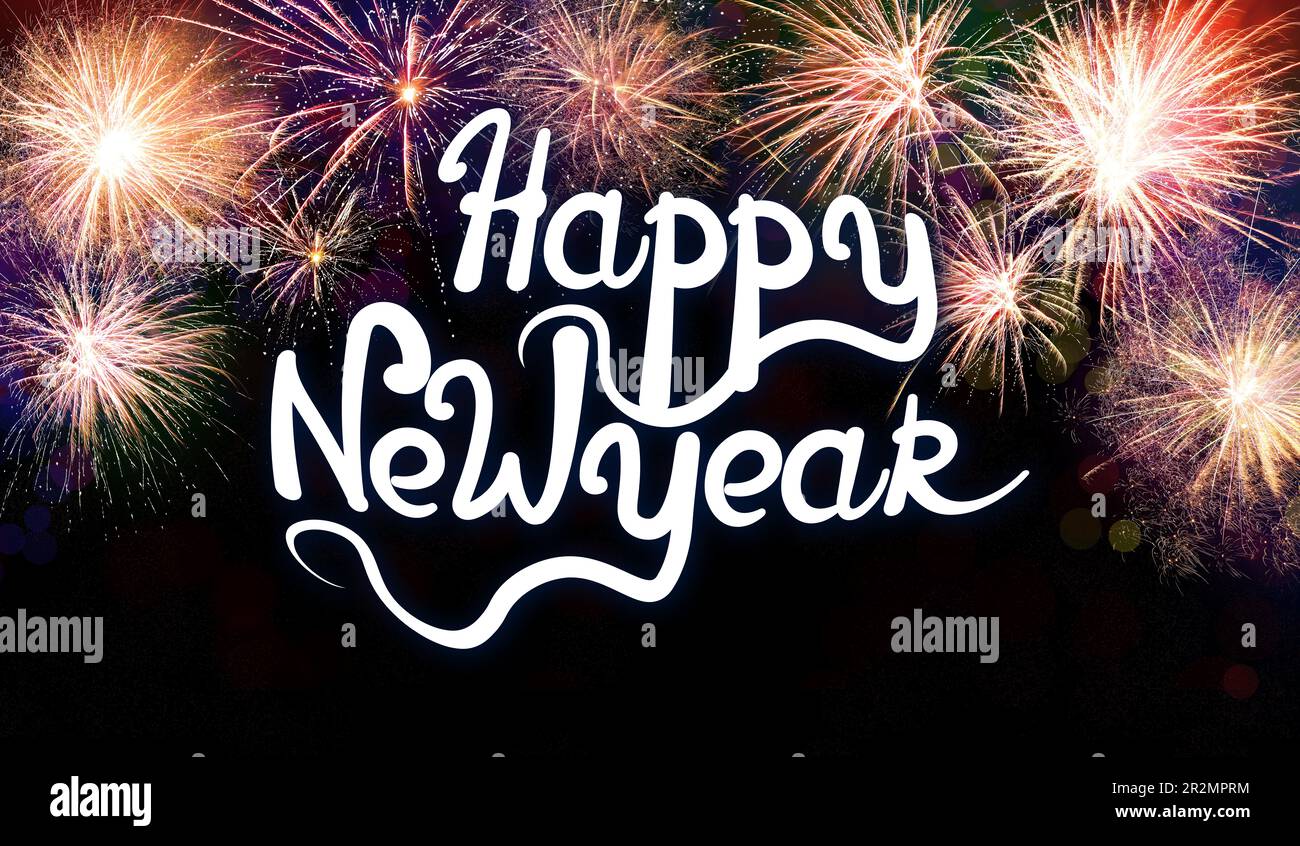 Happy New Year. Beautiful bright firework lighting up night sky Stock ...