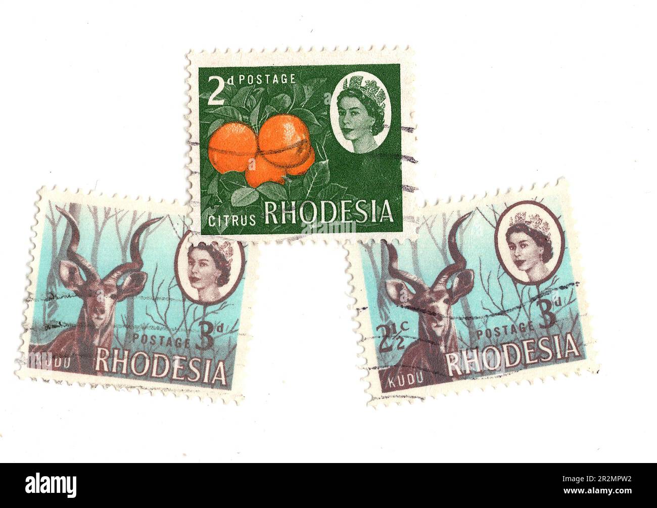 Vintage postage stamps from Rhodesia isolated on a white background ...