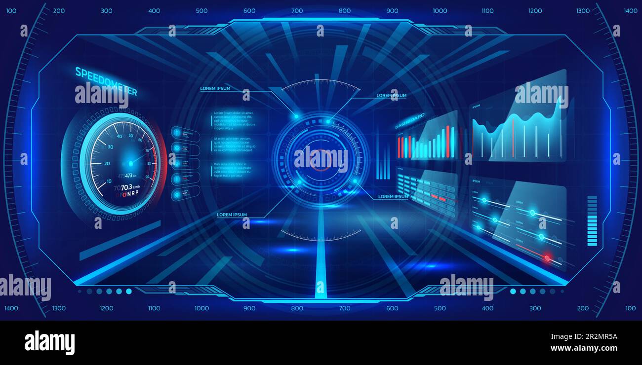 Car tech. Futuristic HUD game screen. Military dashboard and future interface technology ...