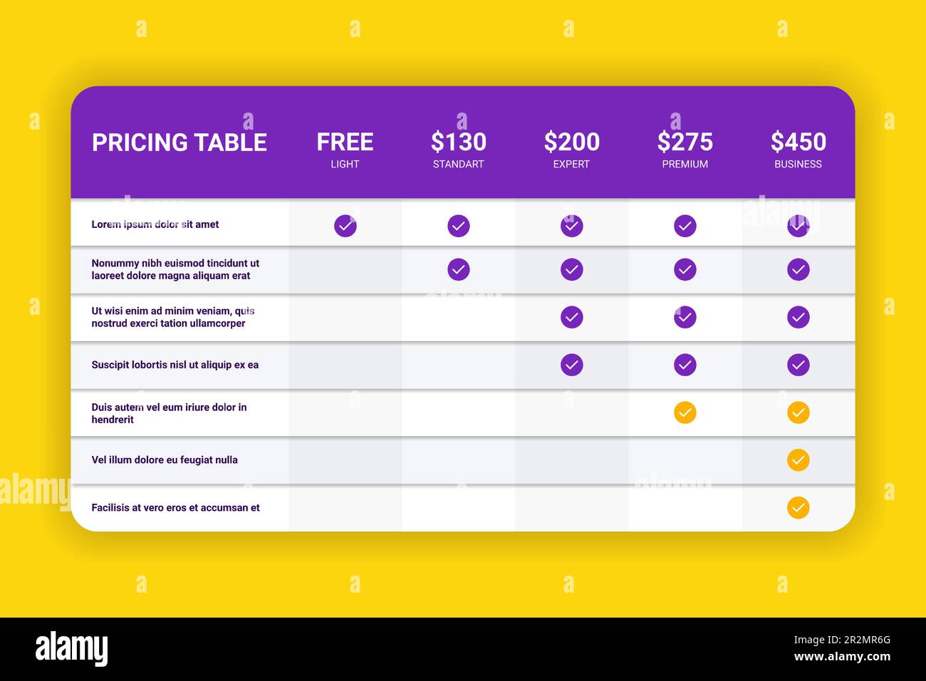 Price chart. Tariffs comparison. Commercial service. Layout with ...