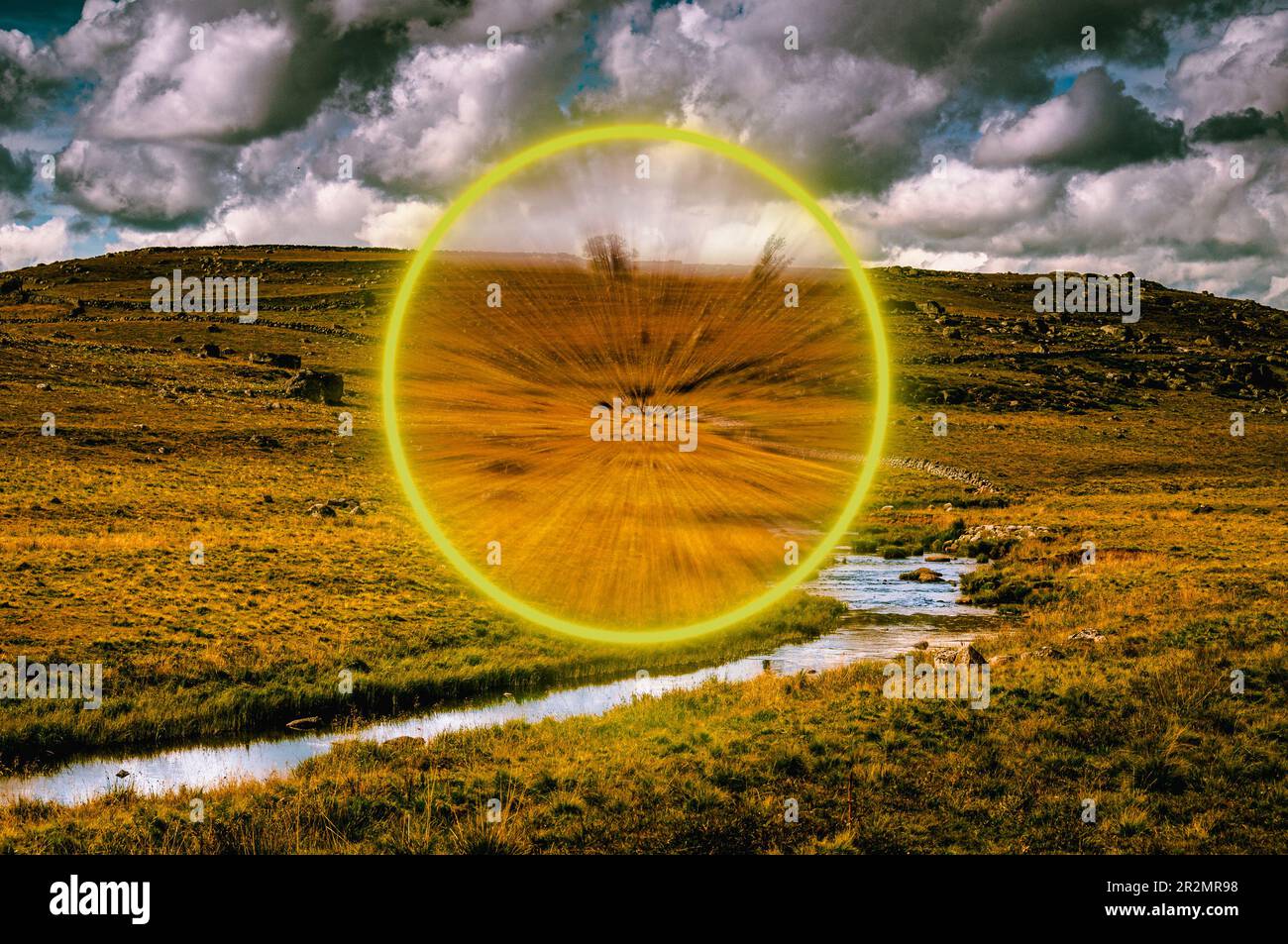 beautiful neon portal floating above a minimalist landscape scene, door ...