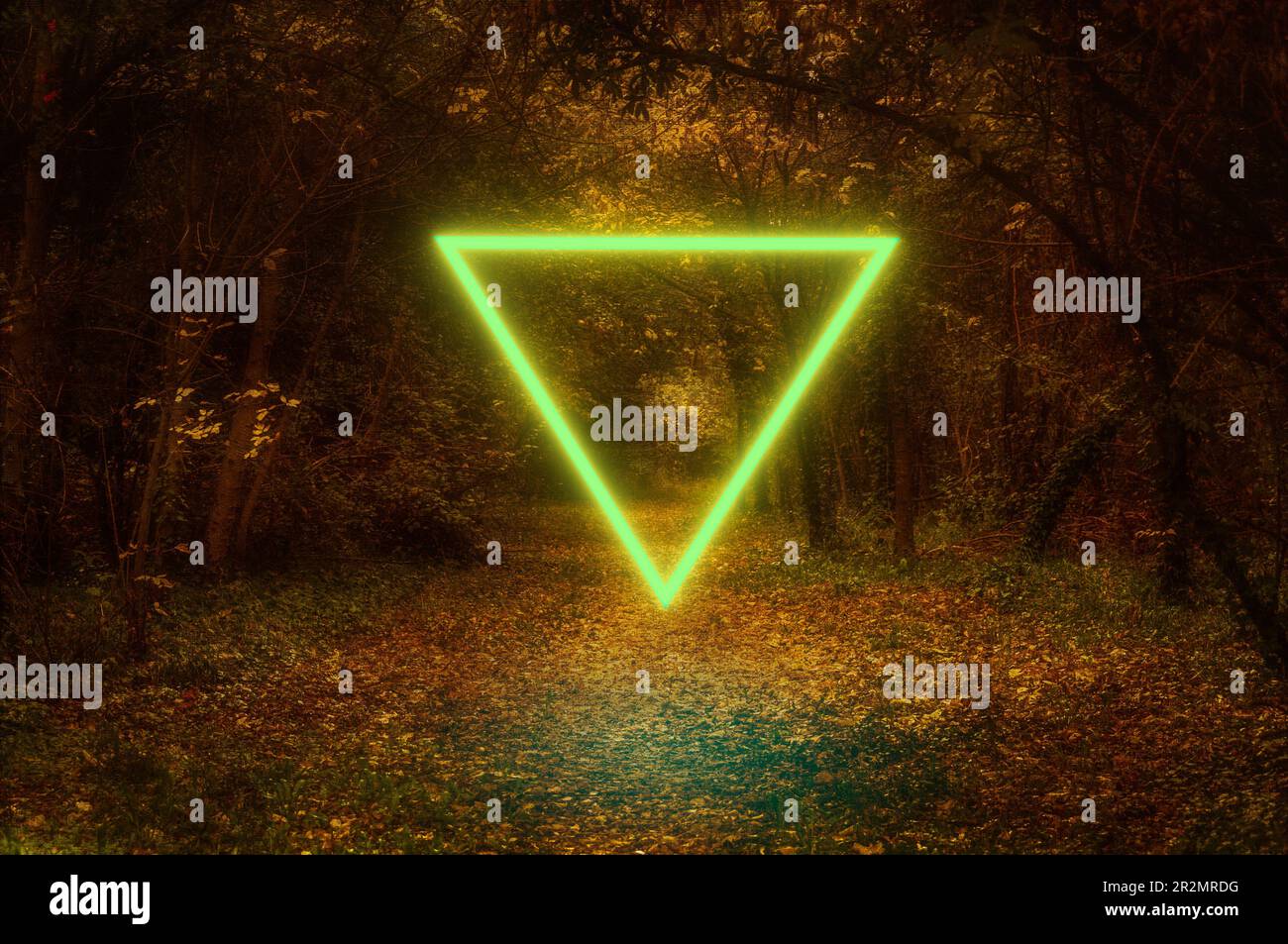 beautiful neon portal on a forest path landscape scene, door or symbol ...