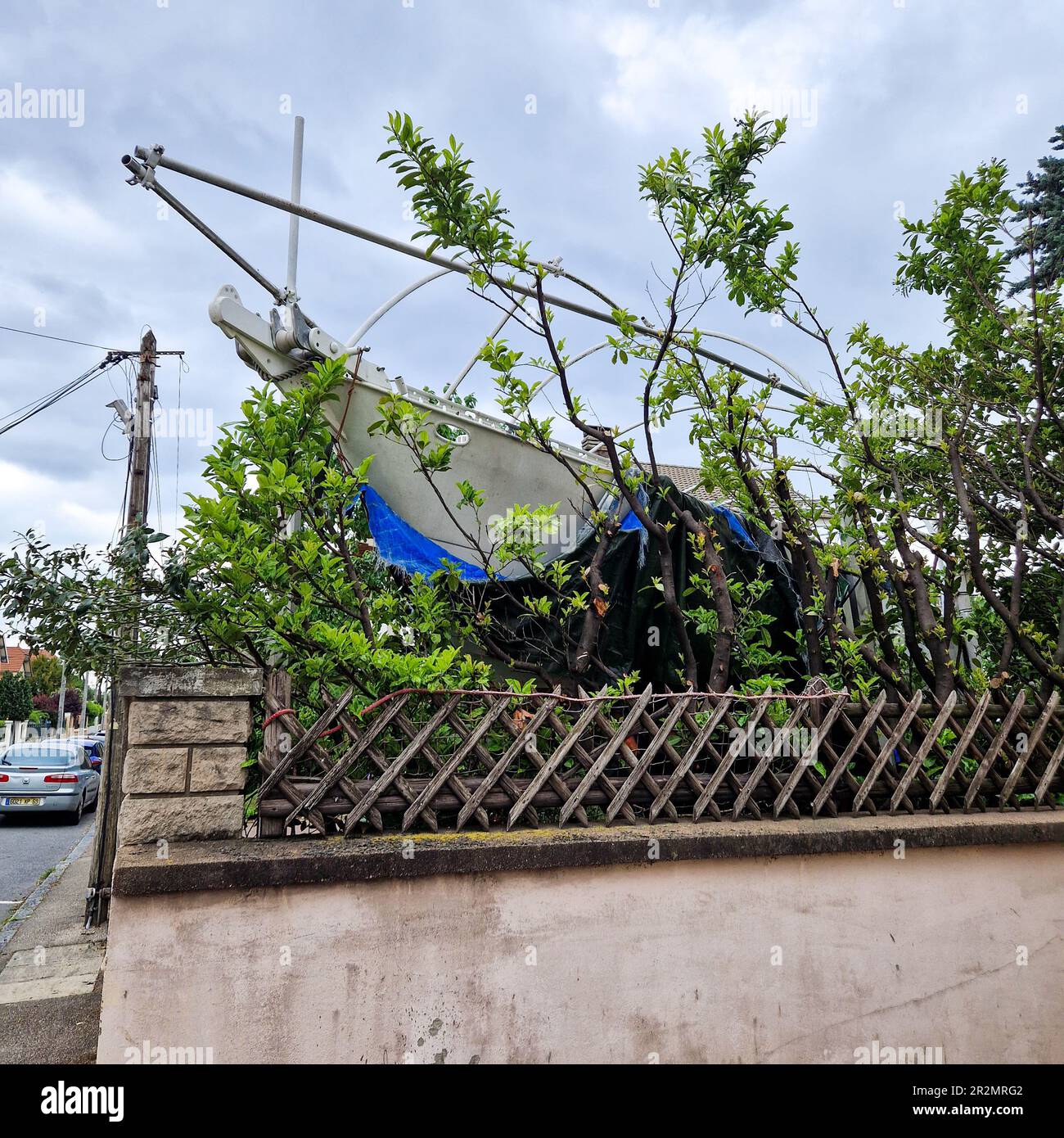 Sailing ship in a garden, Symbol of motionless voyage, France Stock ...