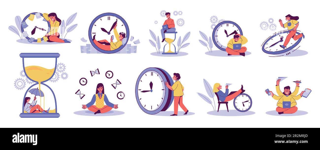 Computer work. Time management. Schedule control by watch. People with timer and hourglass ...