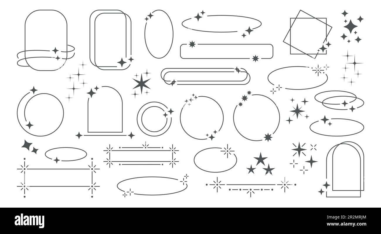 Aesthetic frame elements. Y2k stars and lines, minimal geometric cute design, minimalist ovals ...