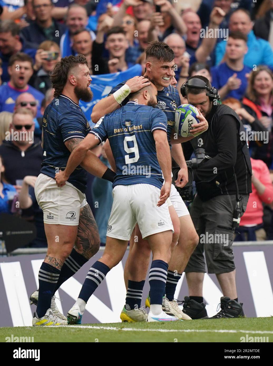 Leinster's Dan Sheehan (right) celebrates scoring their side's third ...