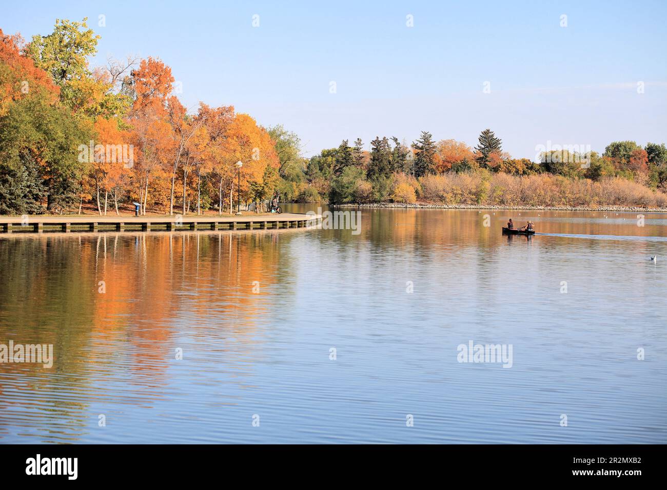 Canoeists on man made Wascana Lake near the legislative buildings in ...